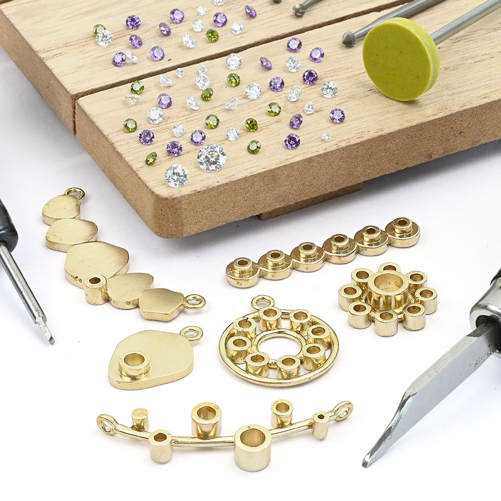 Brass Pendants for Tube Setting Practice - With Stones - Jeweler's Bazaar